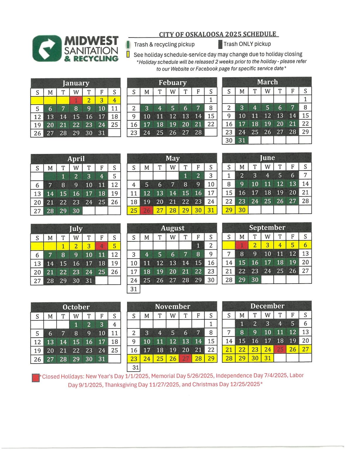 2025 Service Calendars | Midwest Sanitation & Recycling