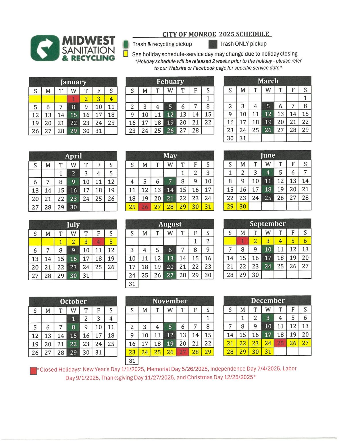 2025 Service Calendars | Midwest Sanitation & Recycling