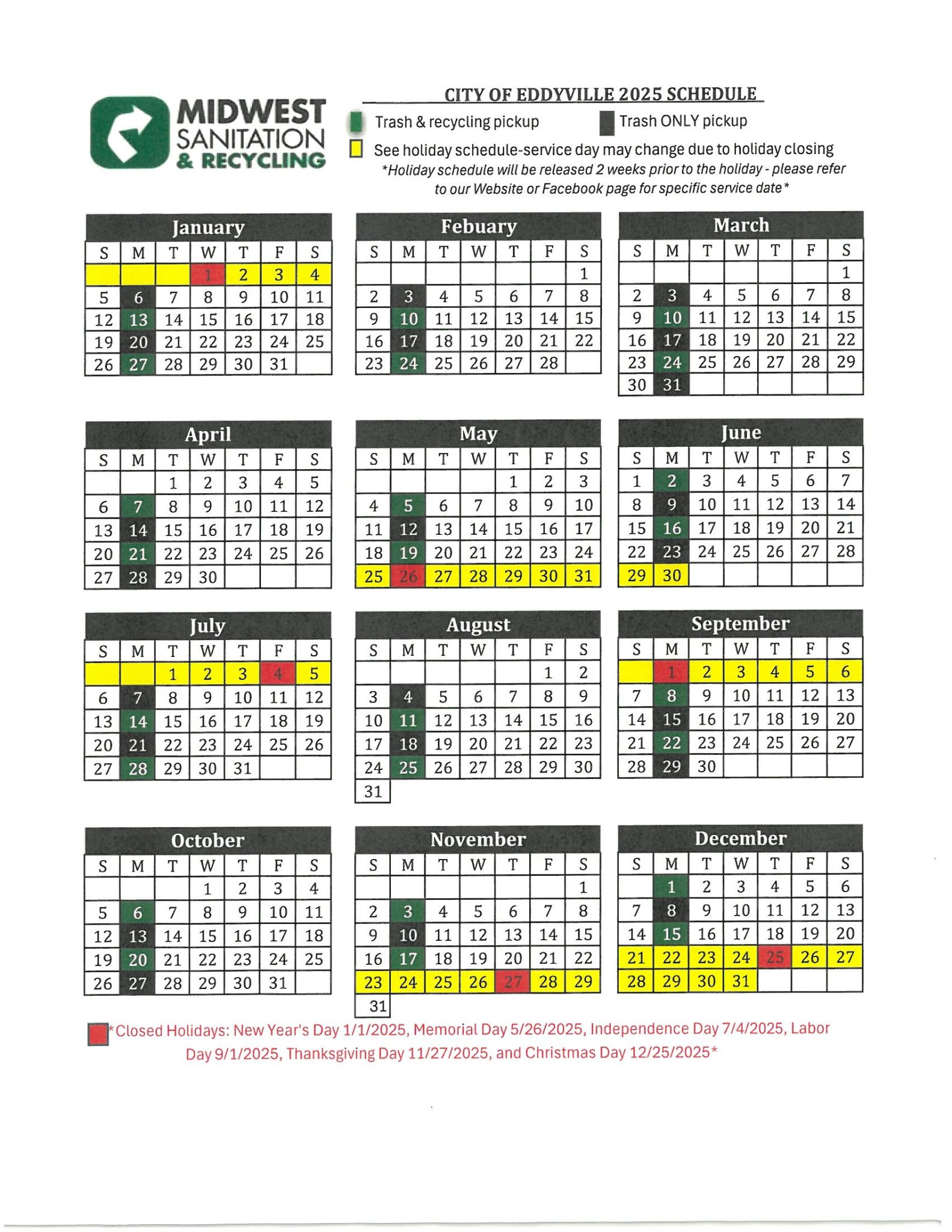 2025 Service Calendars | Midwest Sanitation & Recycling